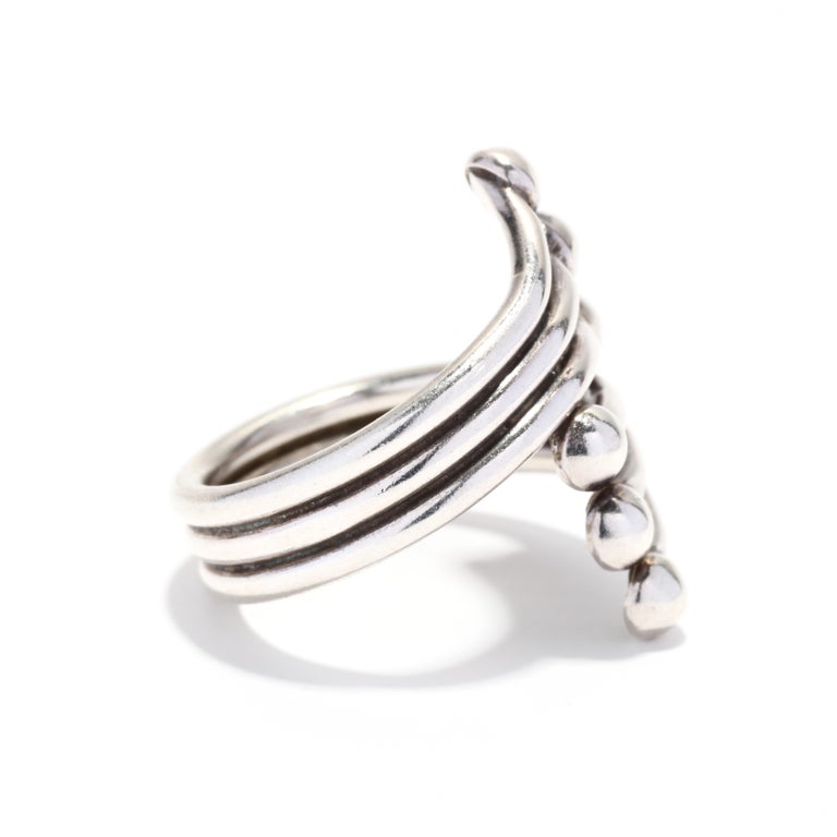 Vintage Sterling Silver Three Row Bypass Long Ring With Bead Accents ...