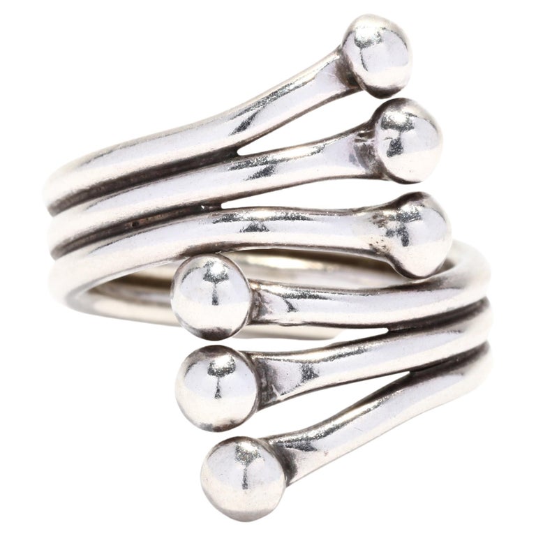 Vintage Sterling Silver Three Row Bypass Long Ring With Bead Accents ...