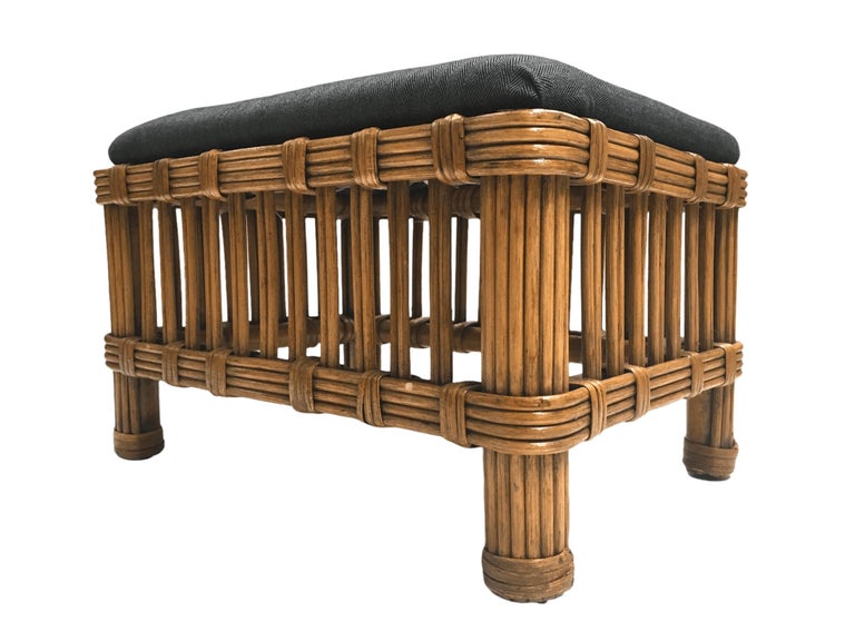 Restored Vintage Stick Rattan foot stool with upholstered top. For Sale ...