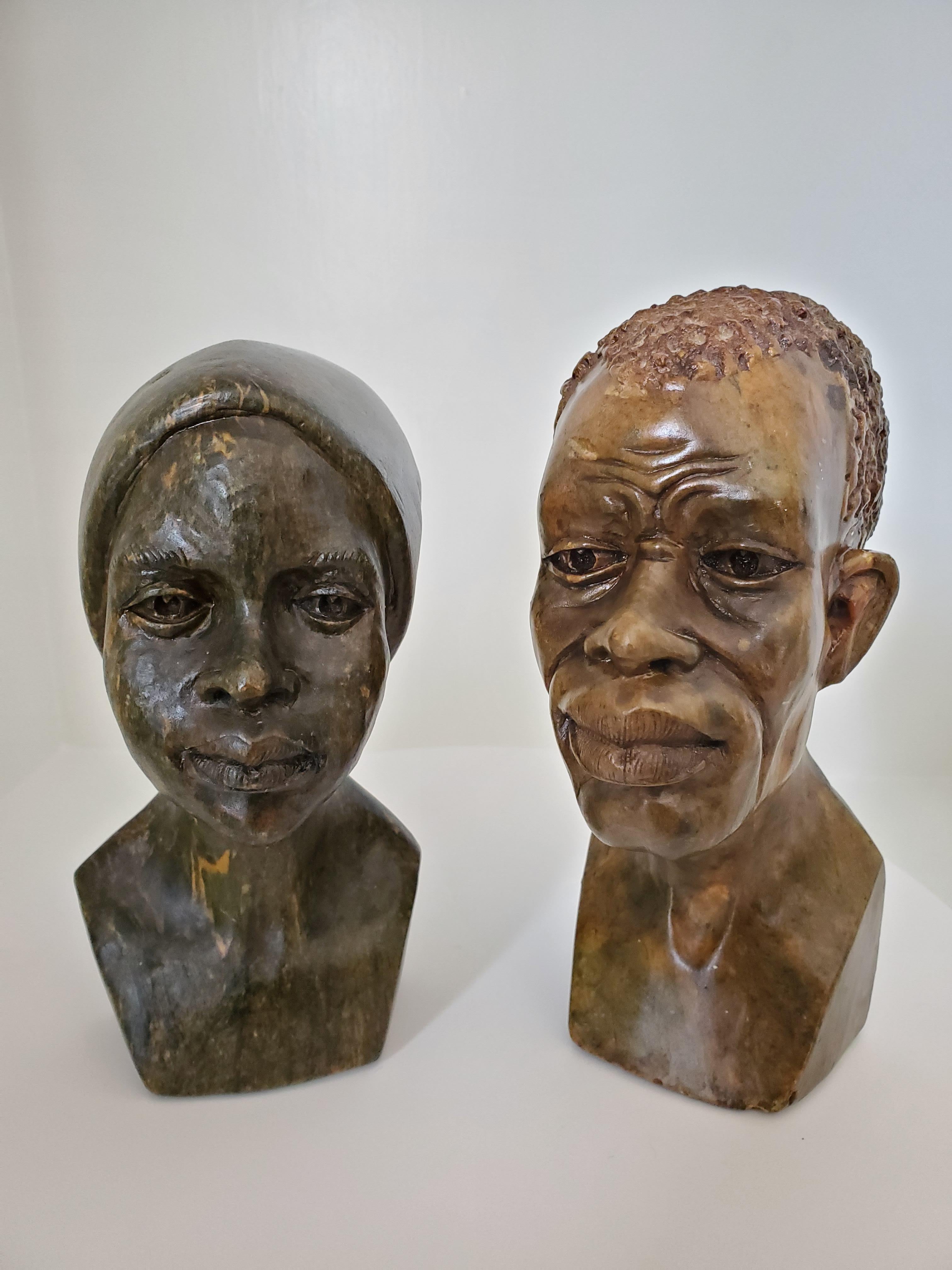 Vintage Stone Busts of African Man and Woman by Unknown Shona Artist ...