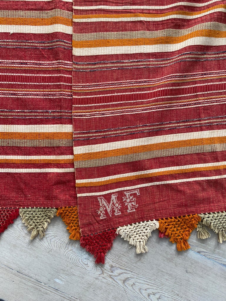 Vintage Striped Cotton Throw with Fringes, USA 20th Century For Sale at ...