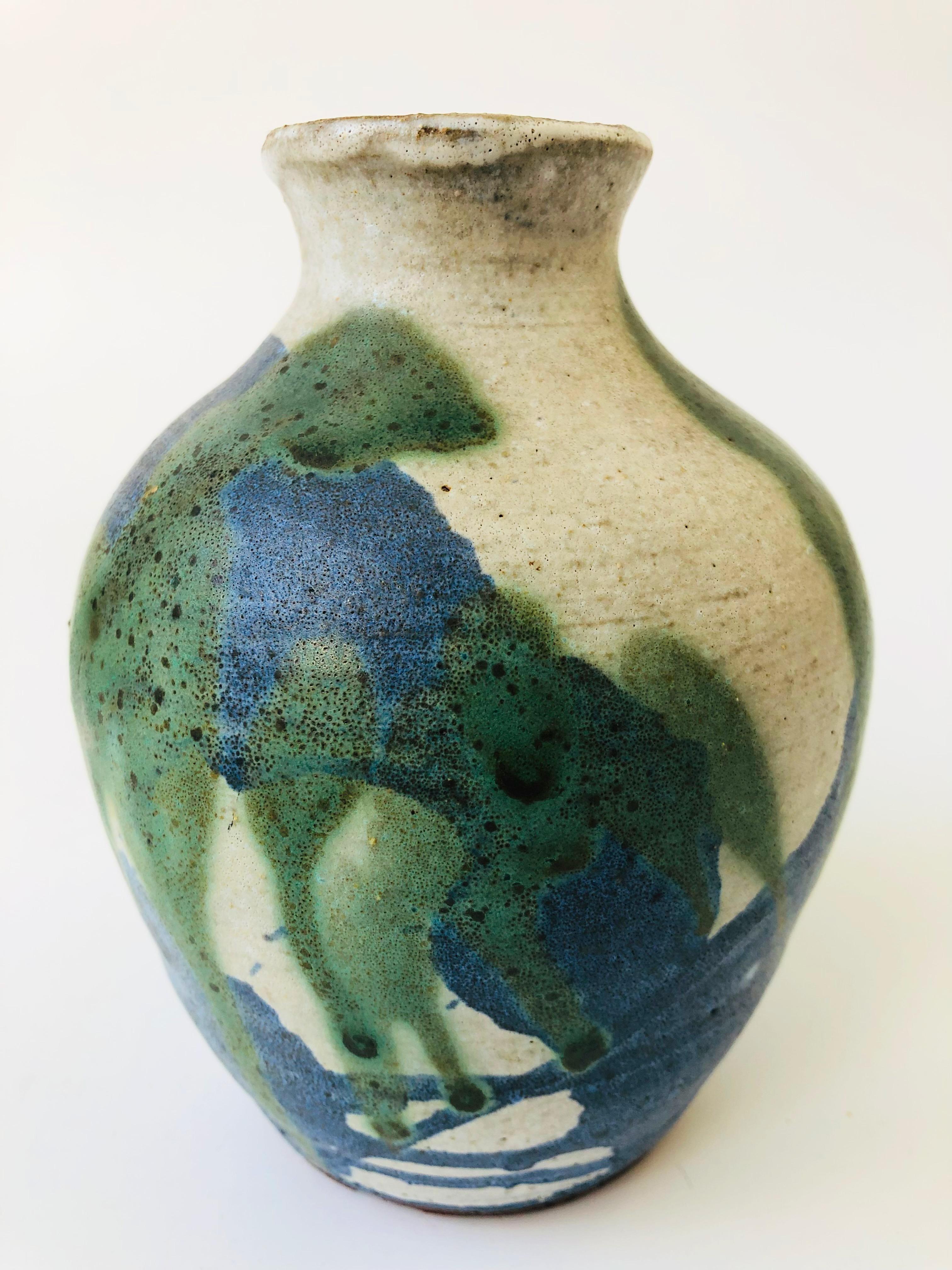 Vintage Studio Pottery Blue and Green Drip Glaze Vase at 1stDibs