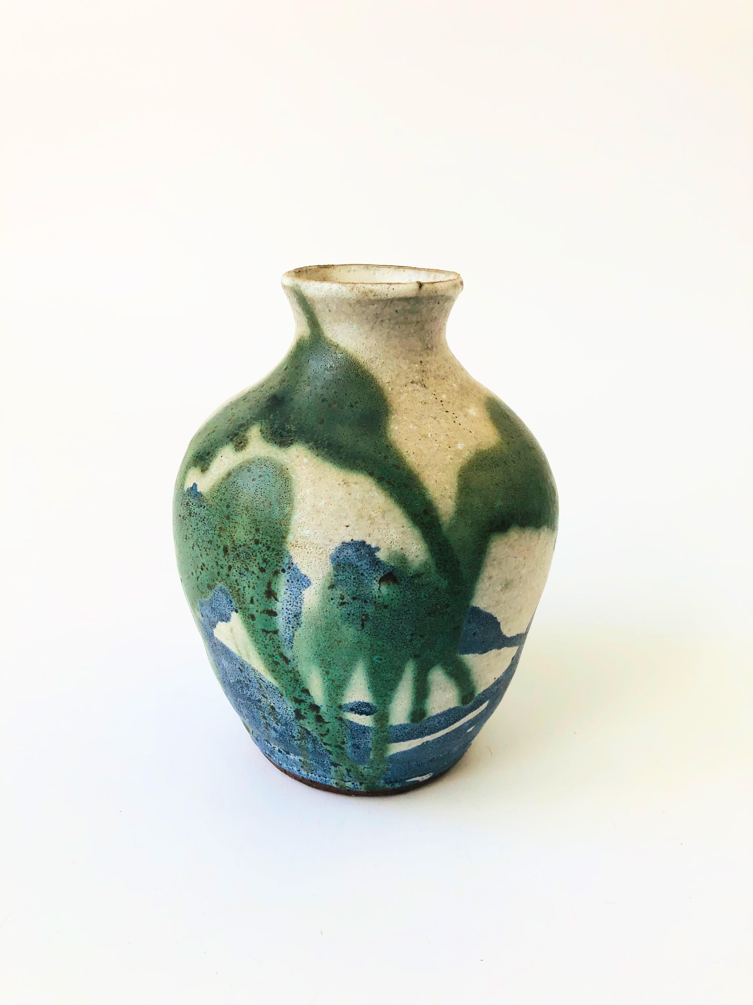 Vintage Studio Pottery Blue and Green Drip Glaze Vase at 1stDibs