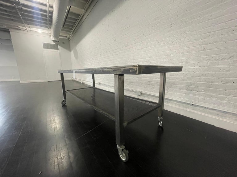 Vintage Style Metal Industrial Table on Wheels, circa 2000 at 1stDibs