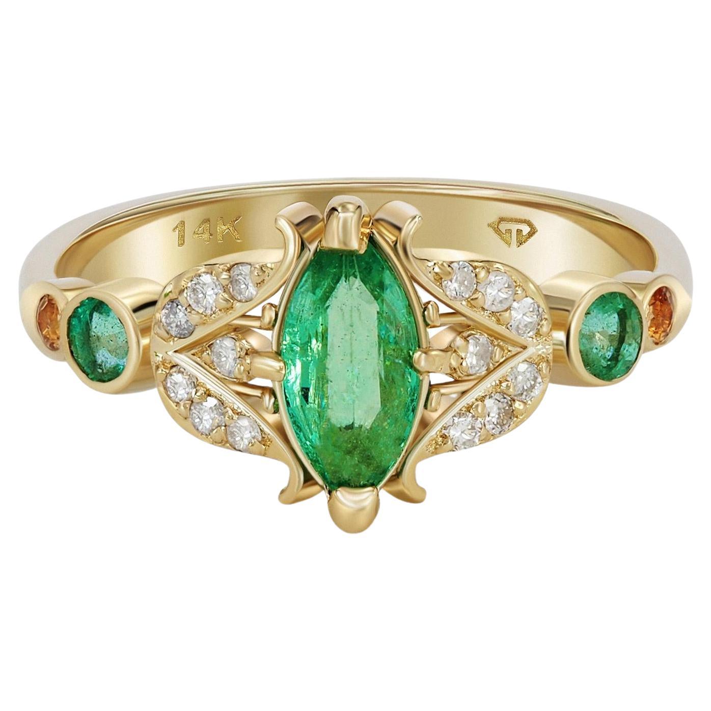 Vintage style ring with emerald in 14k gold For Sale at 1stDibs