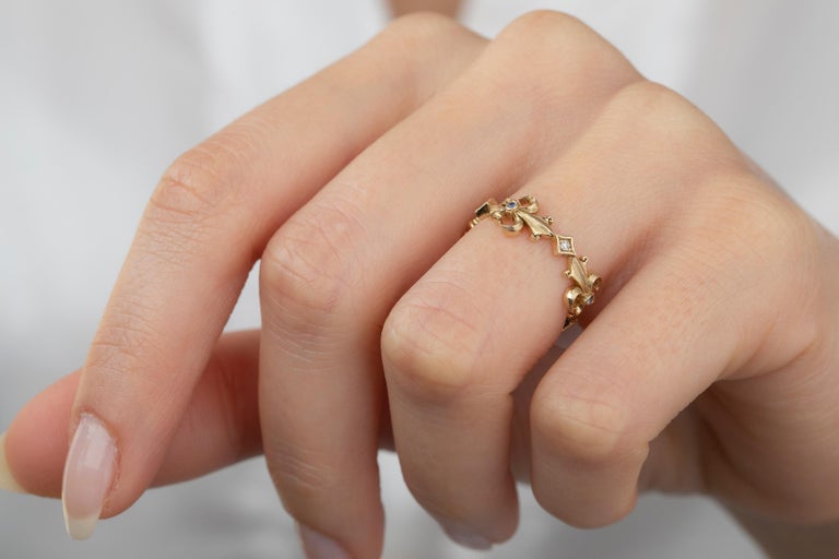 Customizable 14K Gold Vintage Style Sapphire and Diamond Fluer De Lis ...