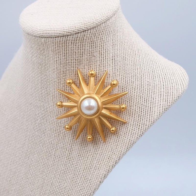 Vintage Sun Brooch With Faux Pearl 1990's at 1stDibs