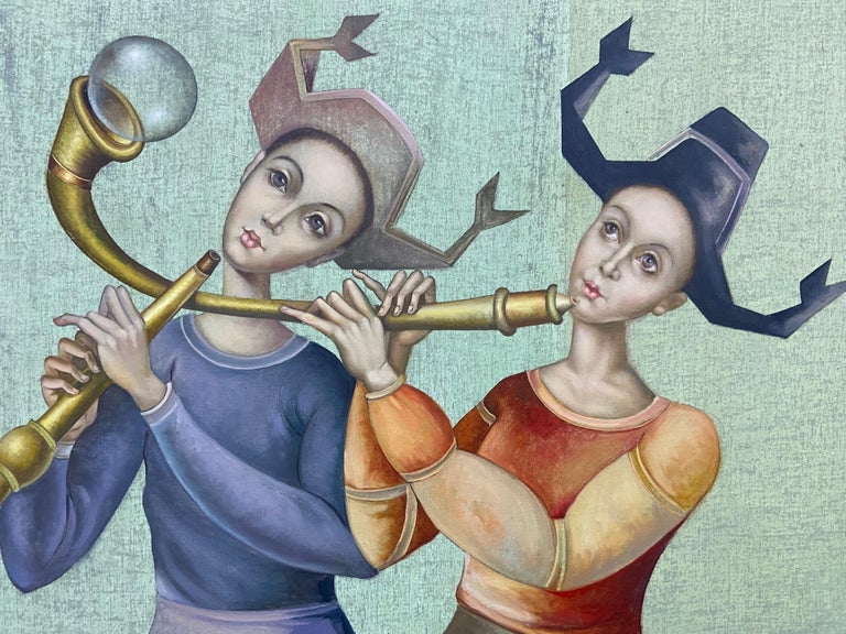 Vintage Surrealist Modernist Style Painting of Saltimbanque Harlequin ...