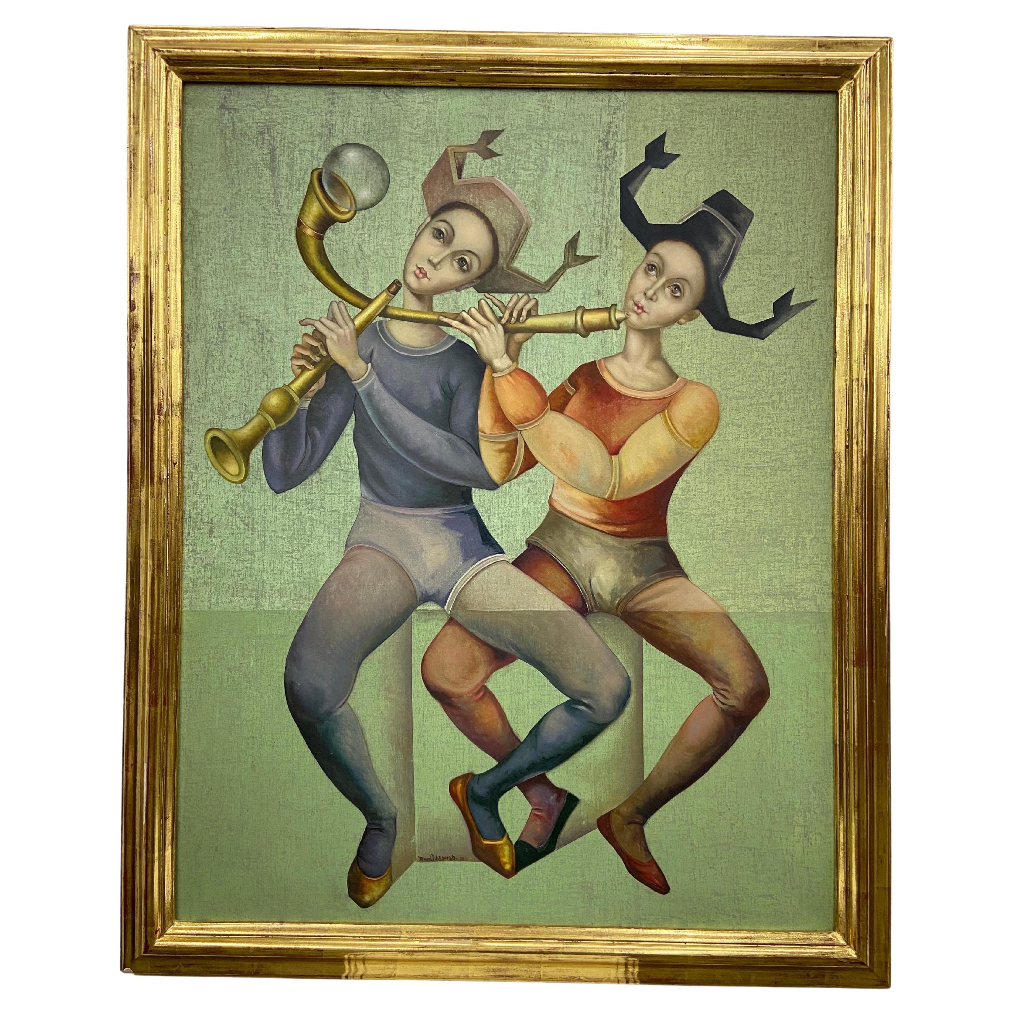 Vintage Surrealist Modernist Style Painting of Saltimbanque Harlequin ...
