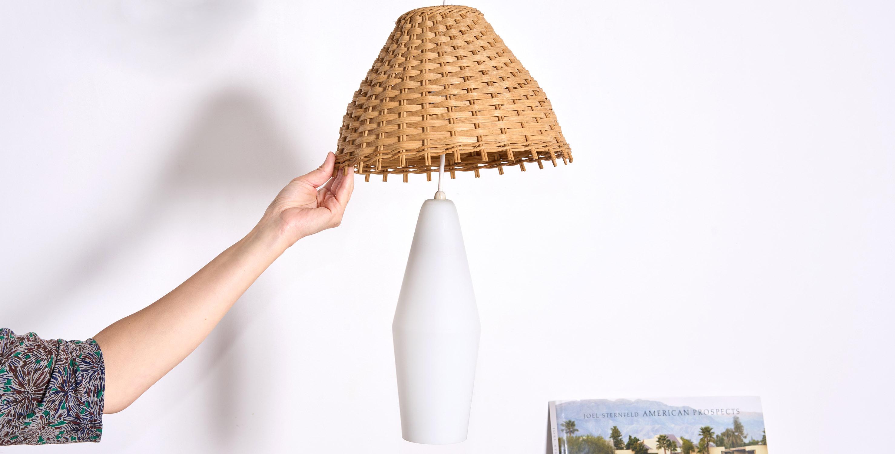Vintage suspension lamp, glass and rattan For Sale at 1stDibs