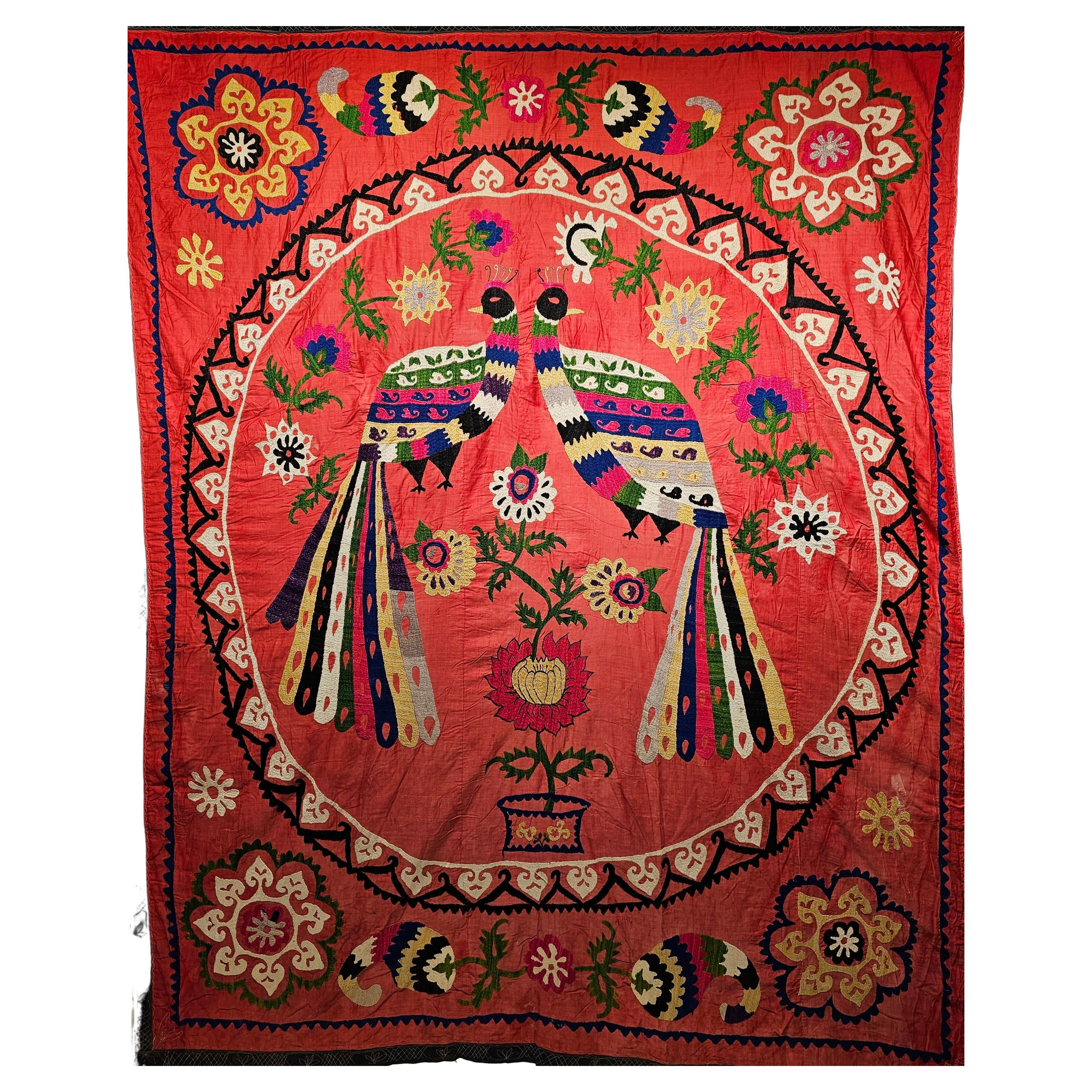 Ottoman Silk Red Tulip Hand Embroidered Suzani Tapestry For Sale at 1stDibs