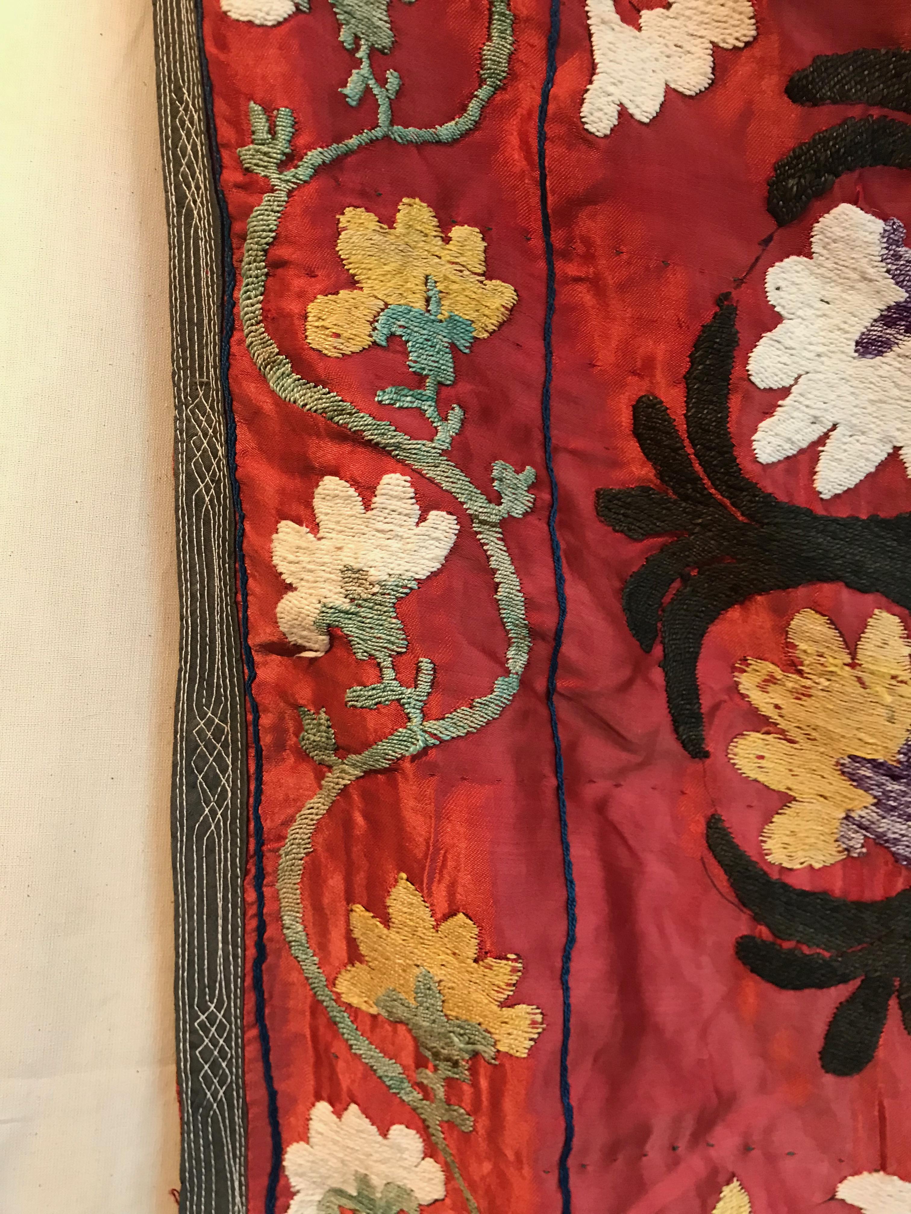 Vintage Suzani Uzbek Textile Red Yellow and Black Embroidery on Silk ...