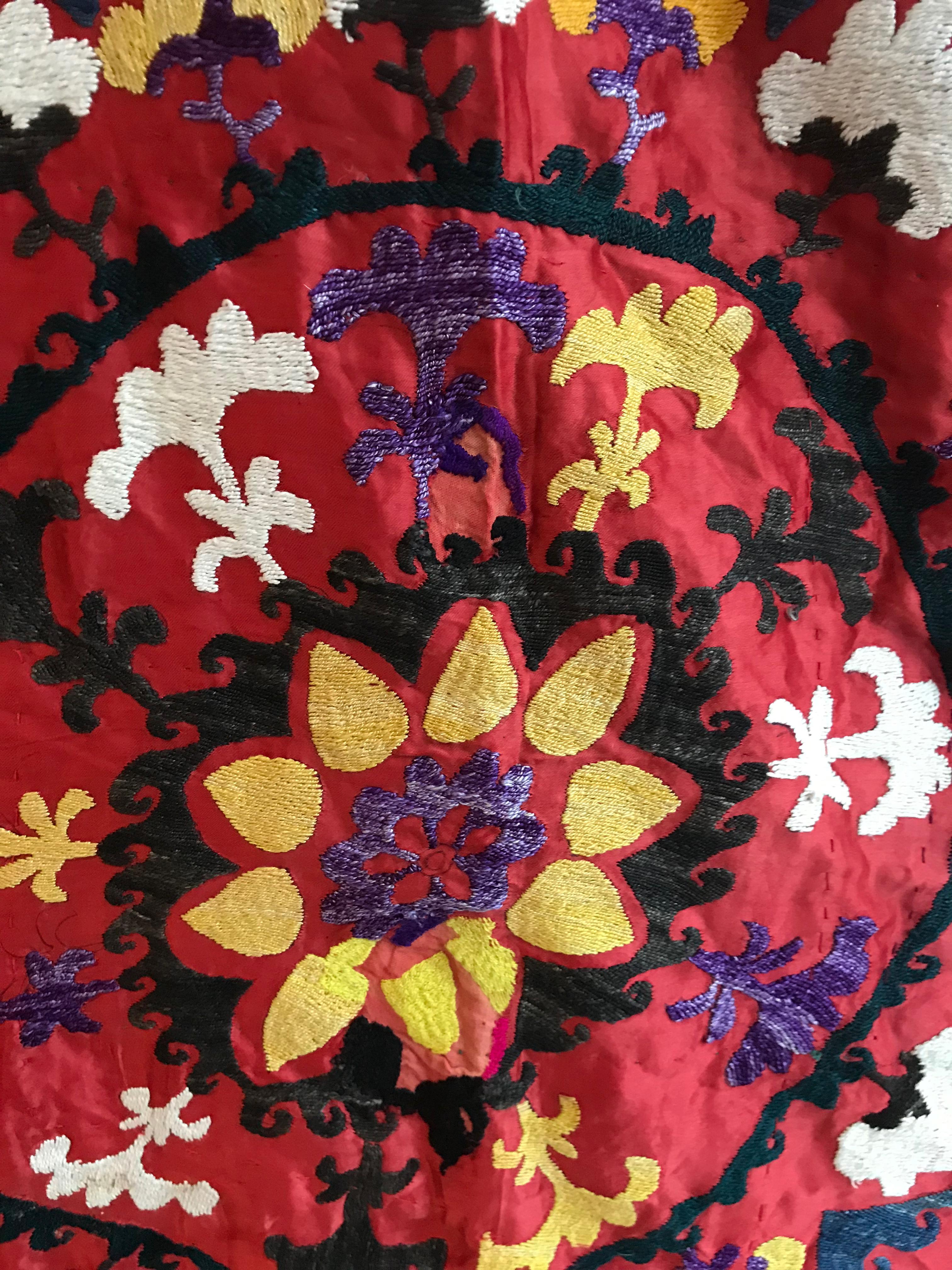 Vintage Suzani Uzbek Textile Red Yellow and Black Embroidery on Silk ...