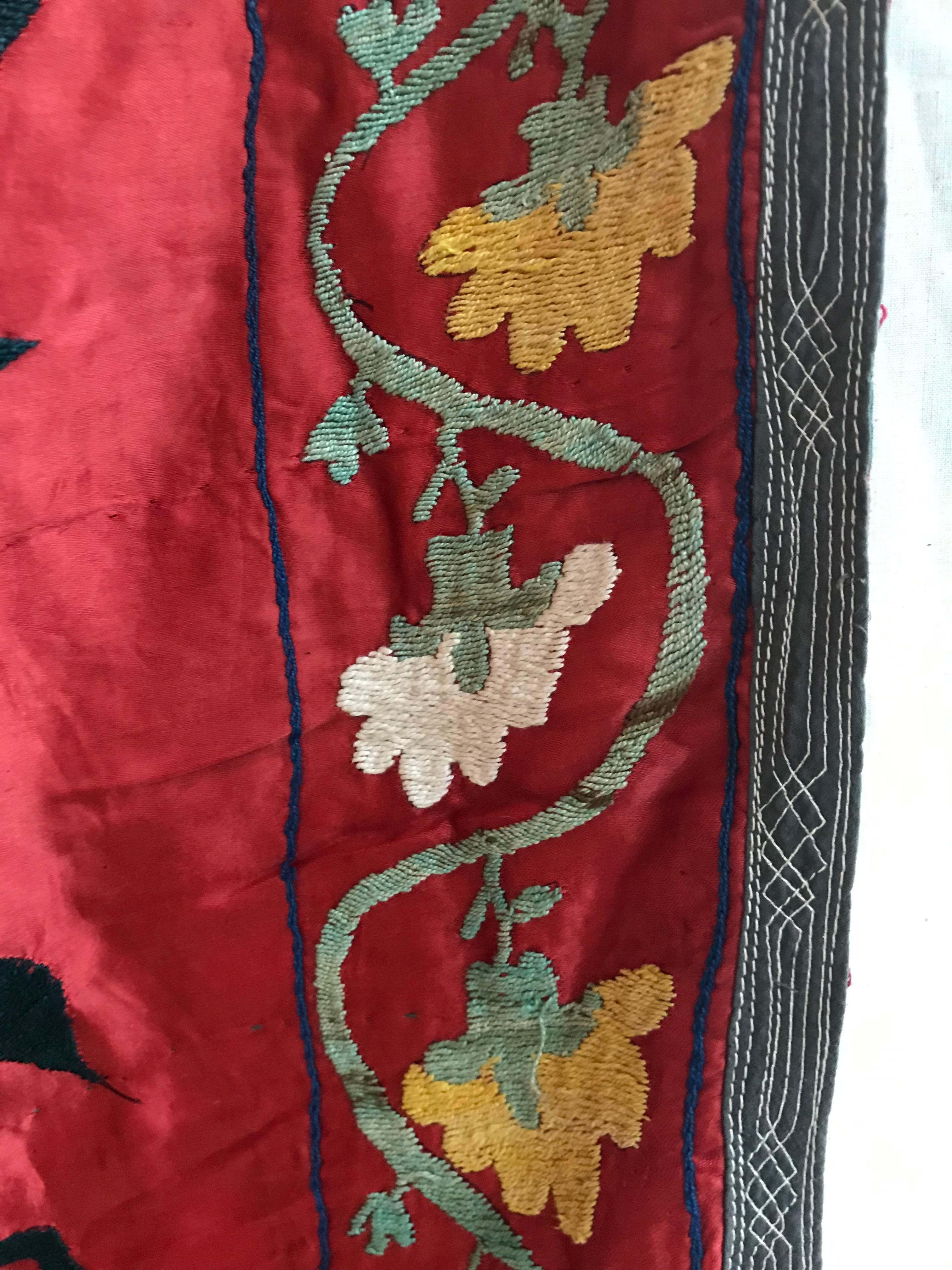 Vintage Suzani Uzbek Textile Red Yellow and Black Embroidery on Silk ...