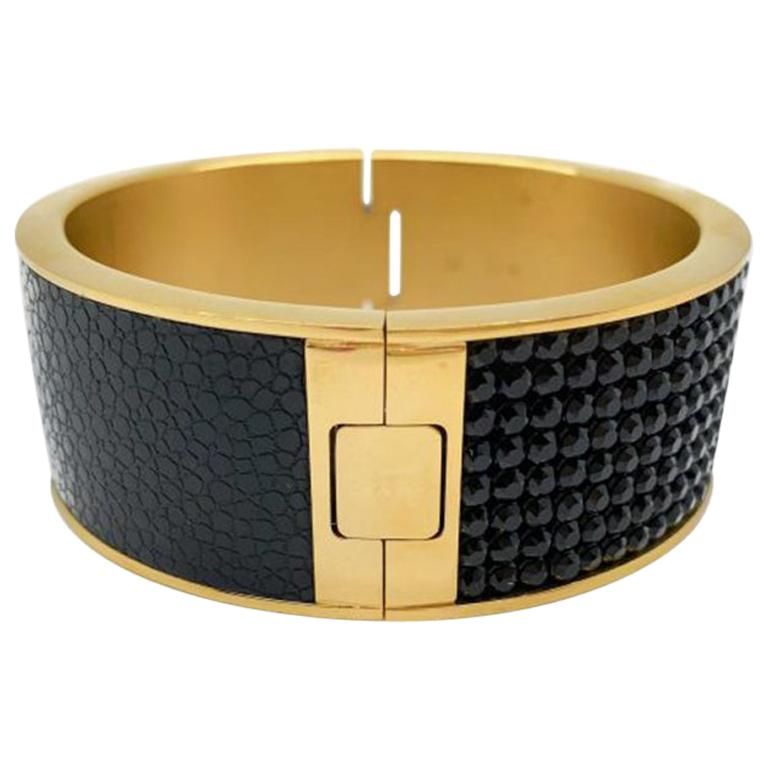 Vintage Swarovski Bangle Black Crystal Gilt Leather 2000s For Sale at ...