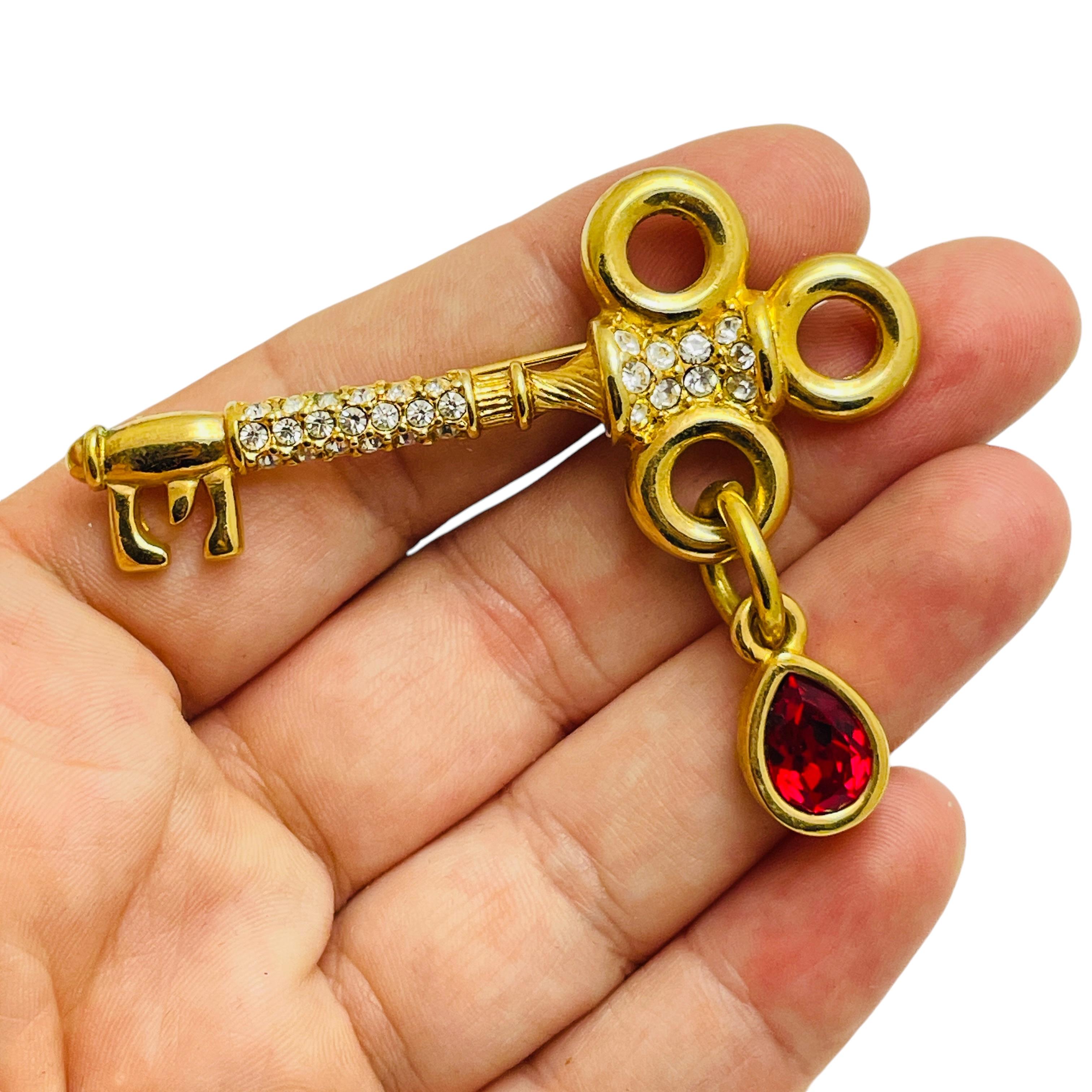Vintage SWAROVSKI swan signed gold plated dangle crystals key designer ...