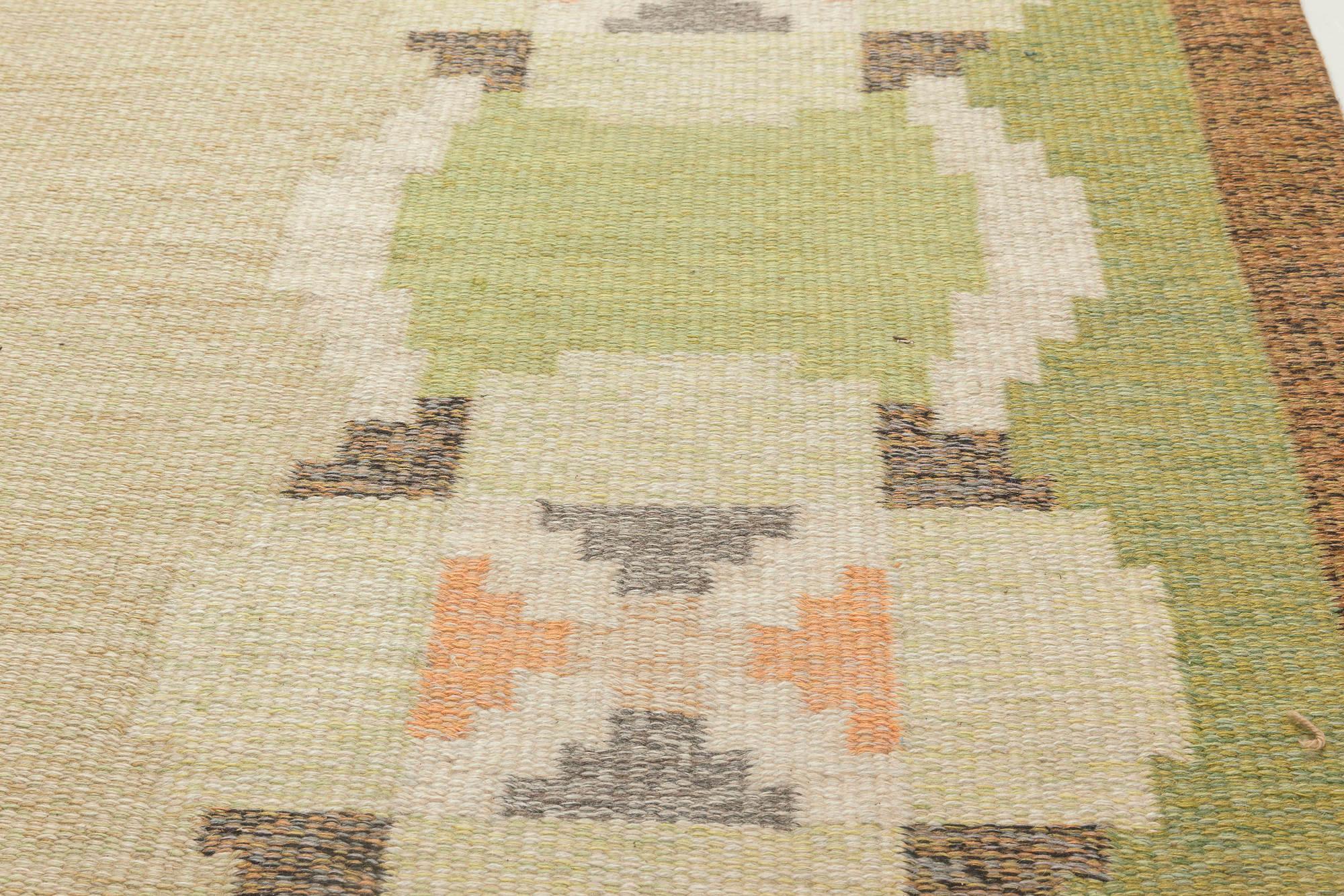Vintage Swedish Green Brown Beige Flat-Weave Wool Rug Signed by ...