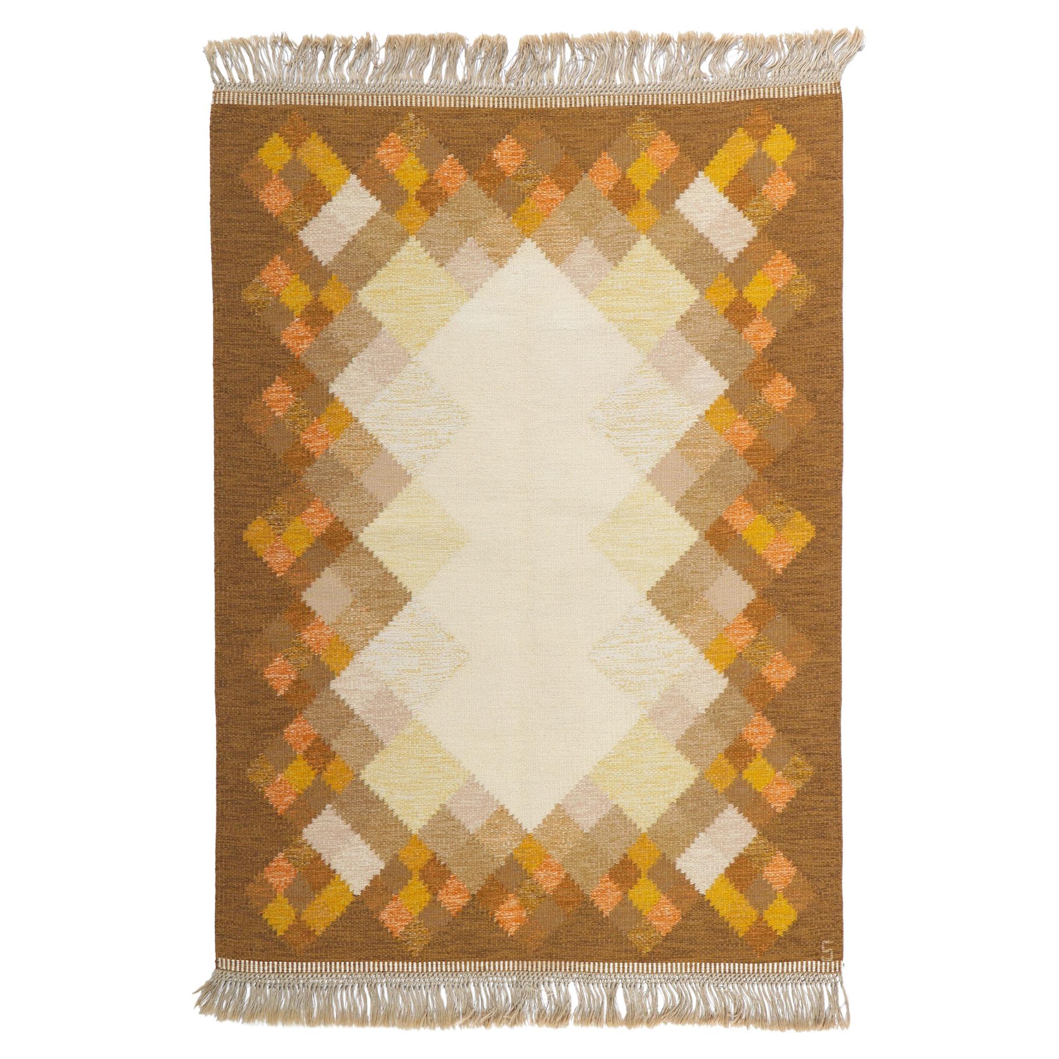 Brita Svefors Vintage Swedish Kilim Rollakan Rug, Brun Rödgul Diamant ...