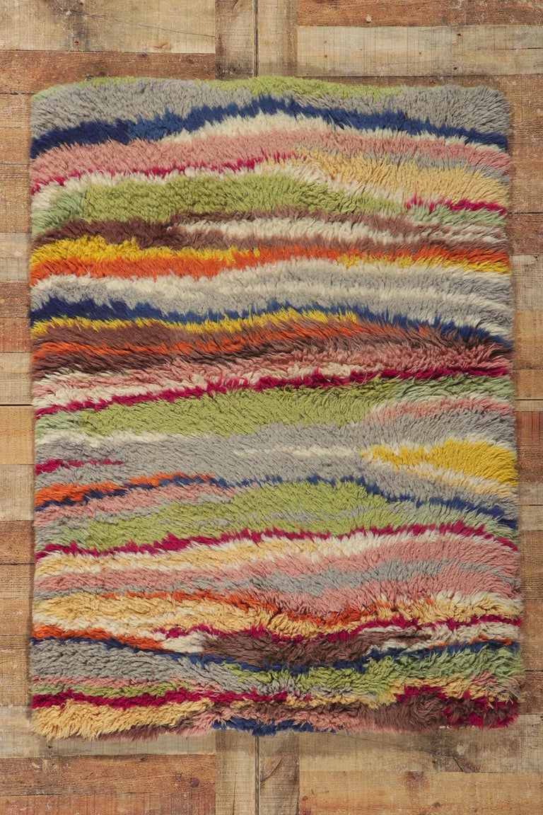 Vintage Swedish Rya Stripe Overlay Rug with Abstract Expressionist ...