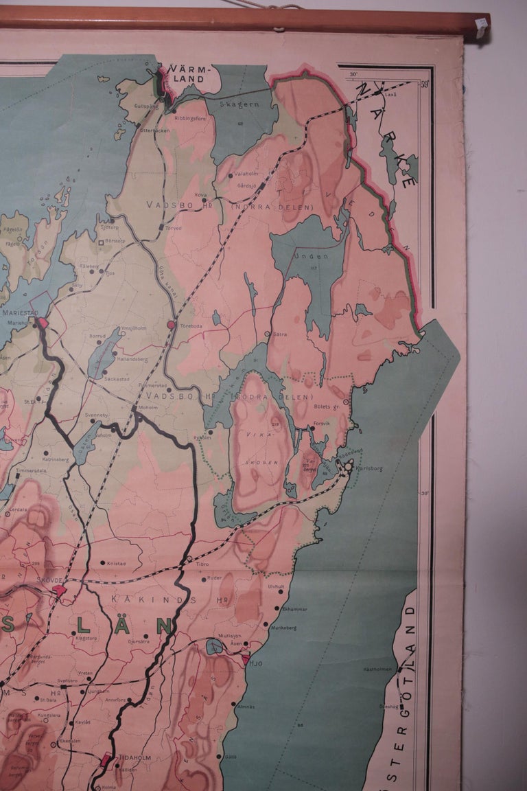 Vintage Swedish School Map of Vastergötland, Made in Sweden 1920 For ...
