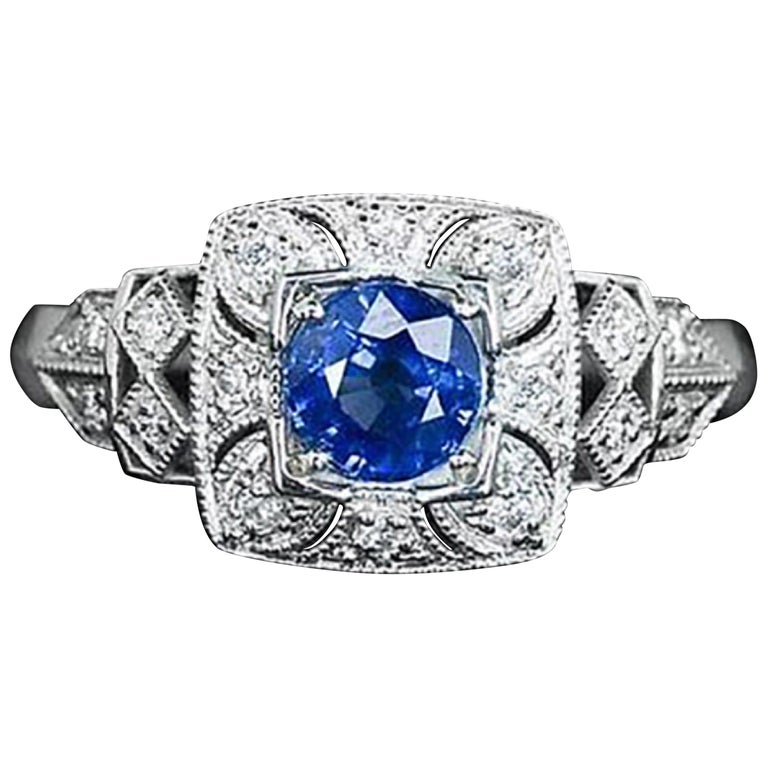 Blue Sapphire Diamond Millgrain Solitaire Ring For Sale at 1stDibs