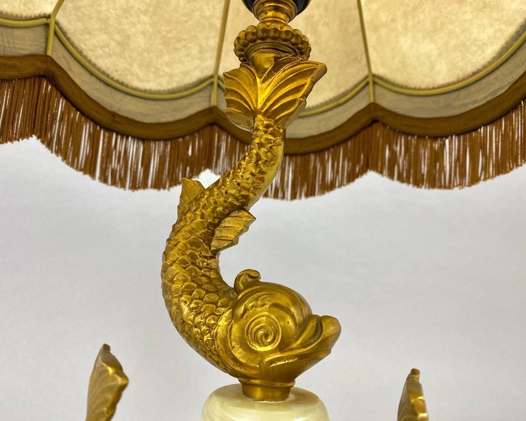 Vintage Table Lamp “Fish” With Shade In Onyx and Bronze For Sale at 1stDibs