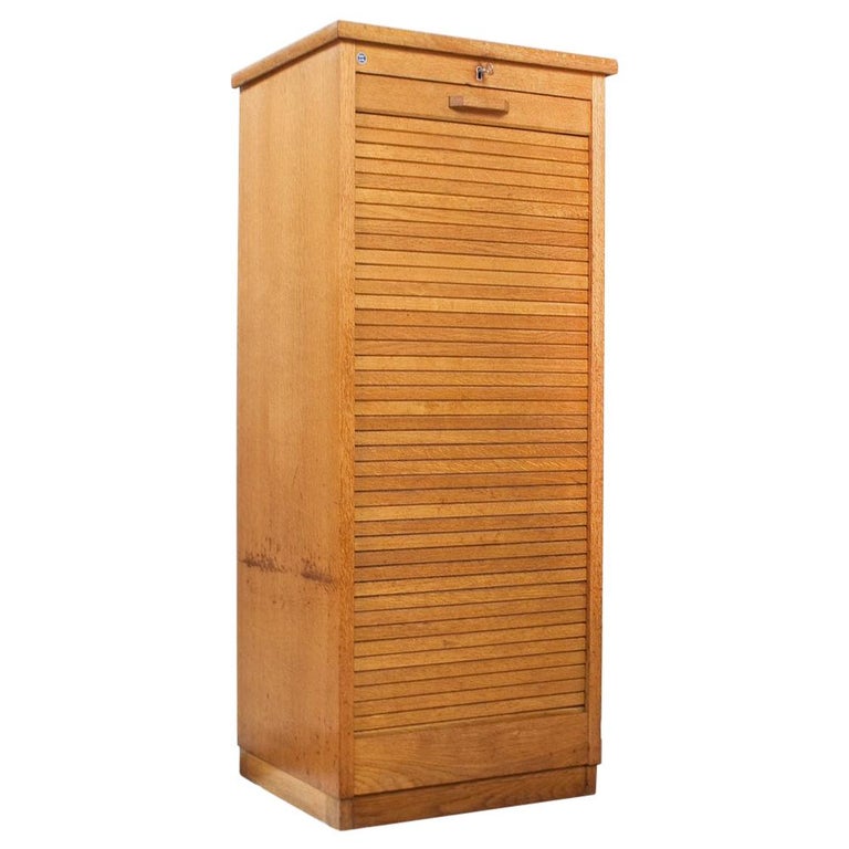 Vintage Tall Tambour Cabinet with Drawers in Solid Oak Midcentury by ...