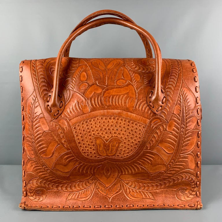 VINTAGE Tan Floral Antique Leather Carry-On Bag For Sale at 1stDibs
