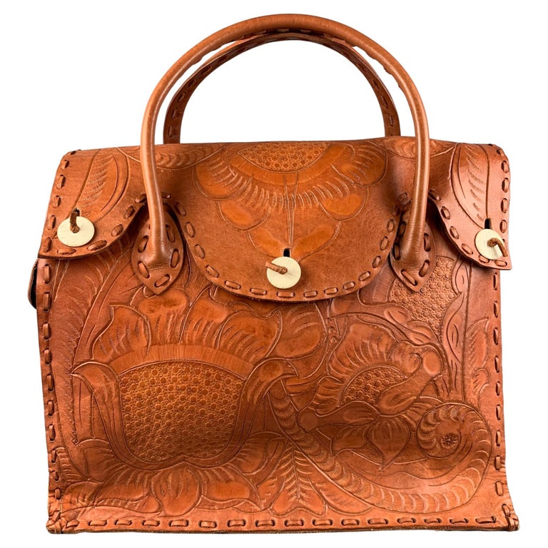 VINTAGE Tan Floral Antique Leather Carry-On Bag For Sale at 1stDibs