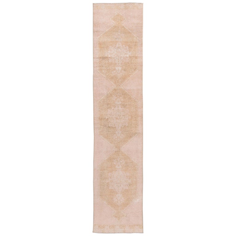 Vintage Tan Turkish Handmade Geometric Wool Runner For Sale at 1stDibs