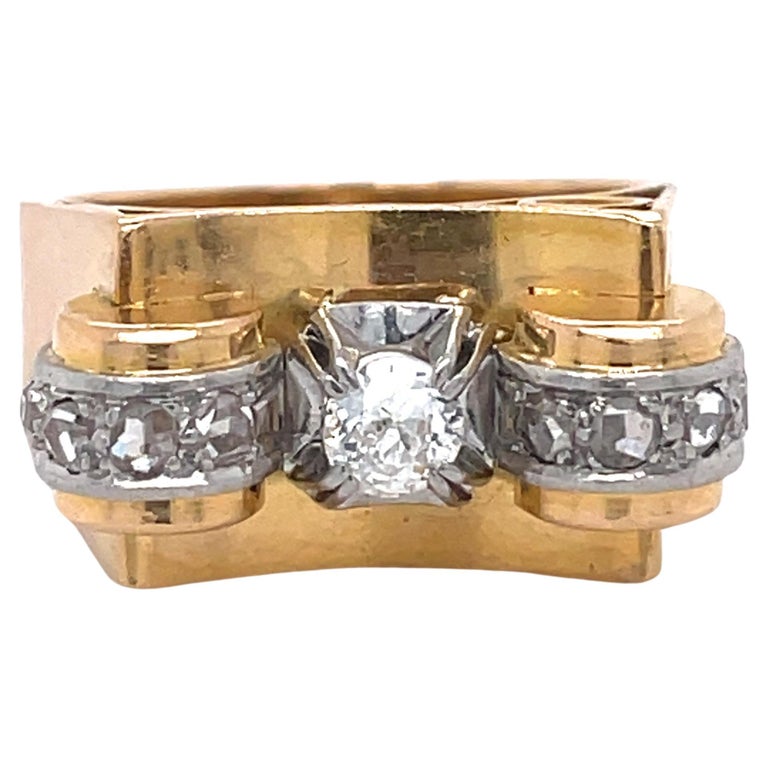 Vintage Tank Gold Ring, 18k Yellow Gold, Platinum Details, Old European ...