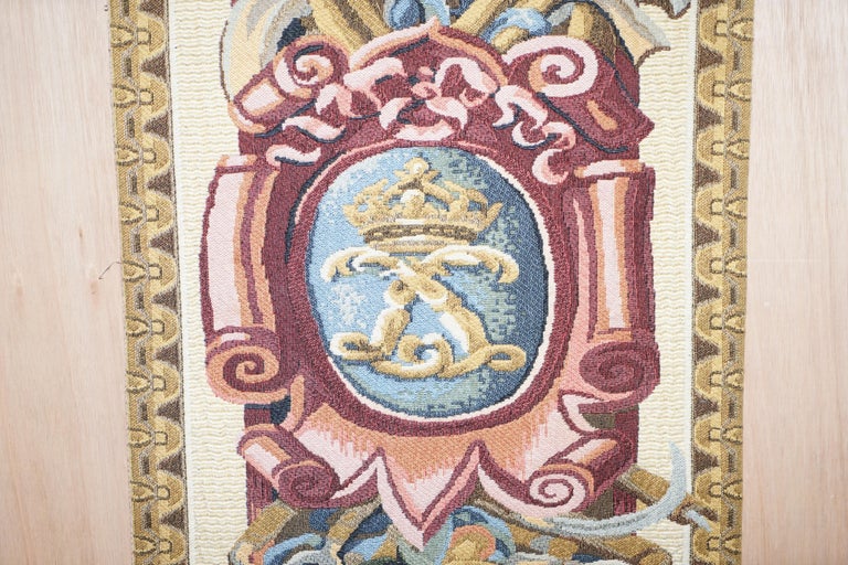 Vintage Tapestry Wall Hanging with Extending Rail, Embroidered Armorial ...