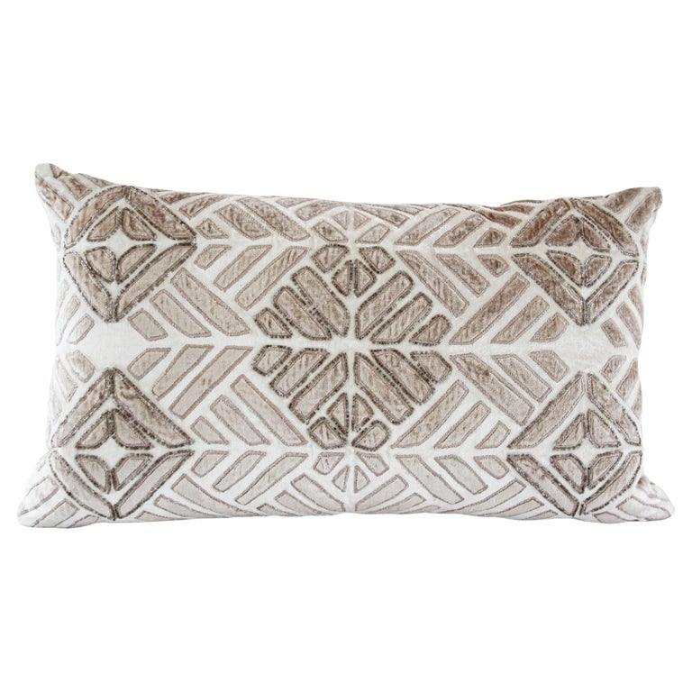 Vintage Taupe and Ivory Cut Velvet Pillow with Metallic Beads For Sale ...