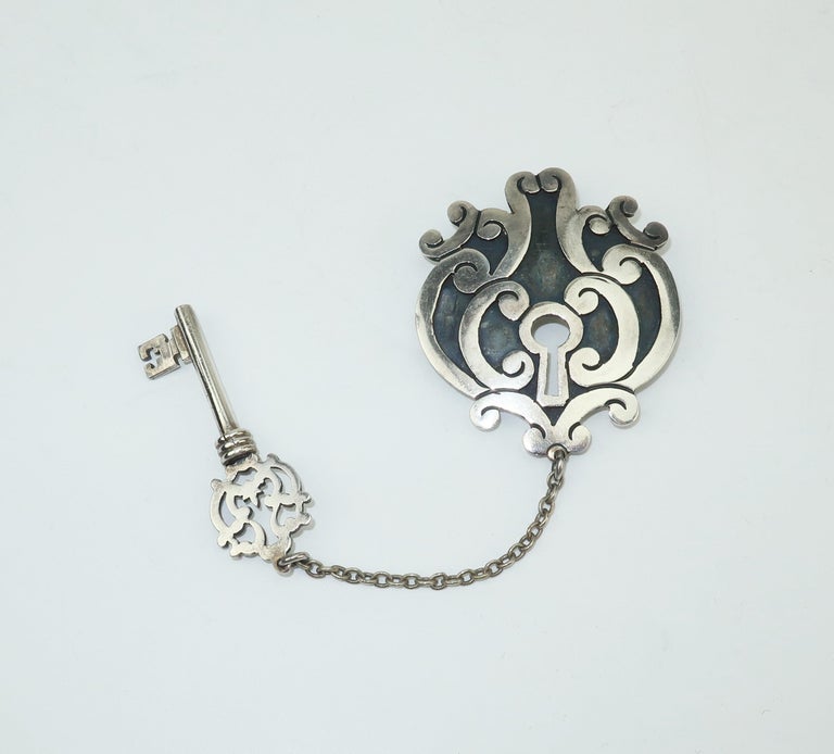Vintage Taxco Mexican Sterling Silver Lock and Key Brooch at 1stDibs