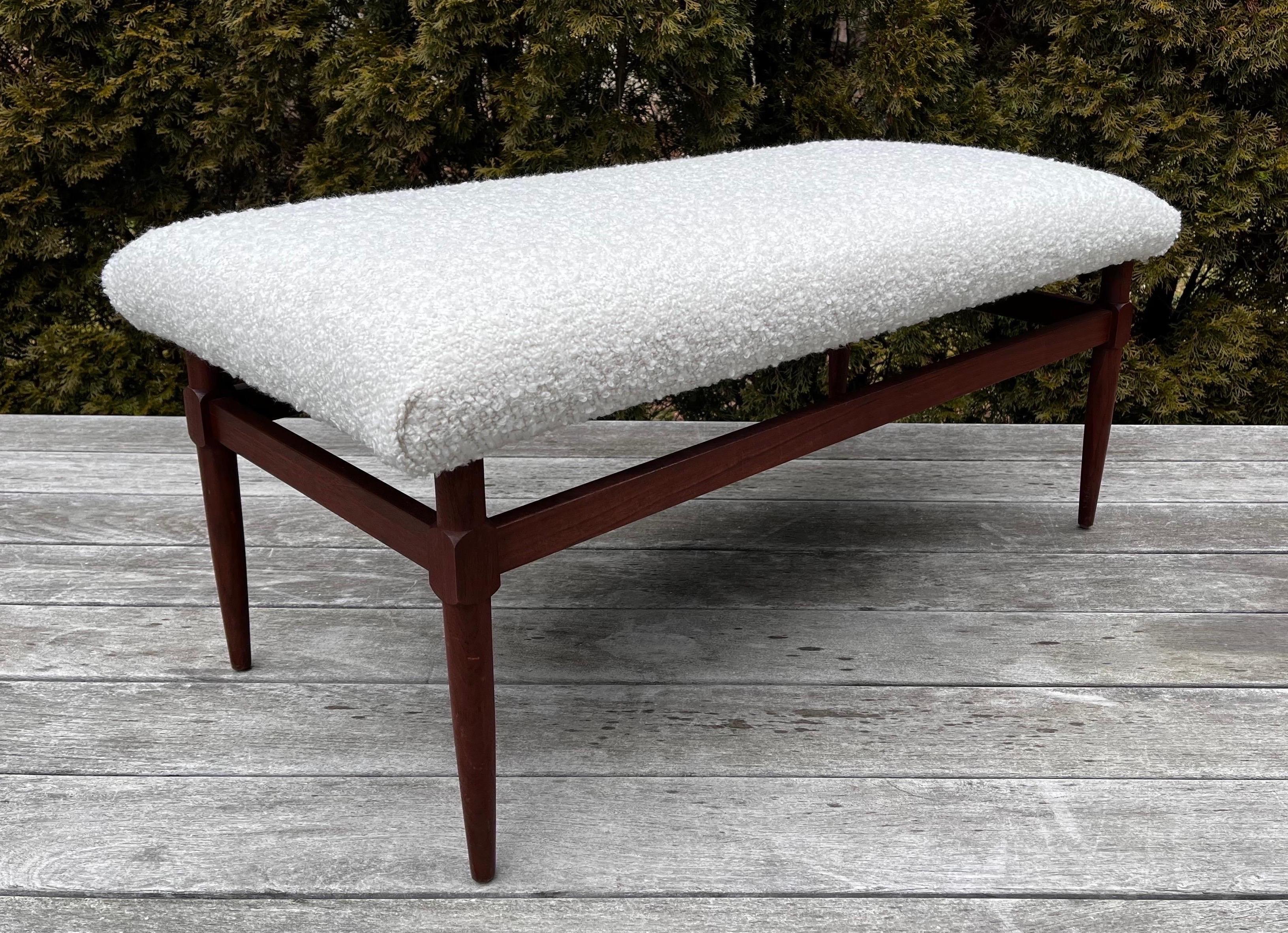 Vintage Teak and Boucle Bench For Sale at 1stDibs