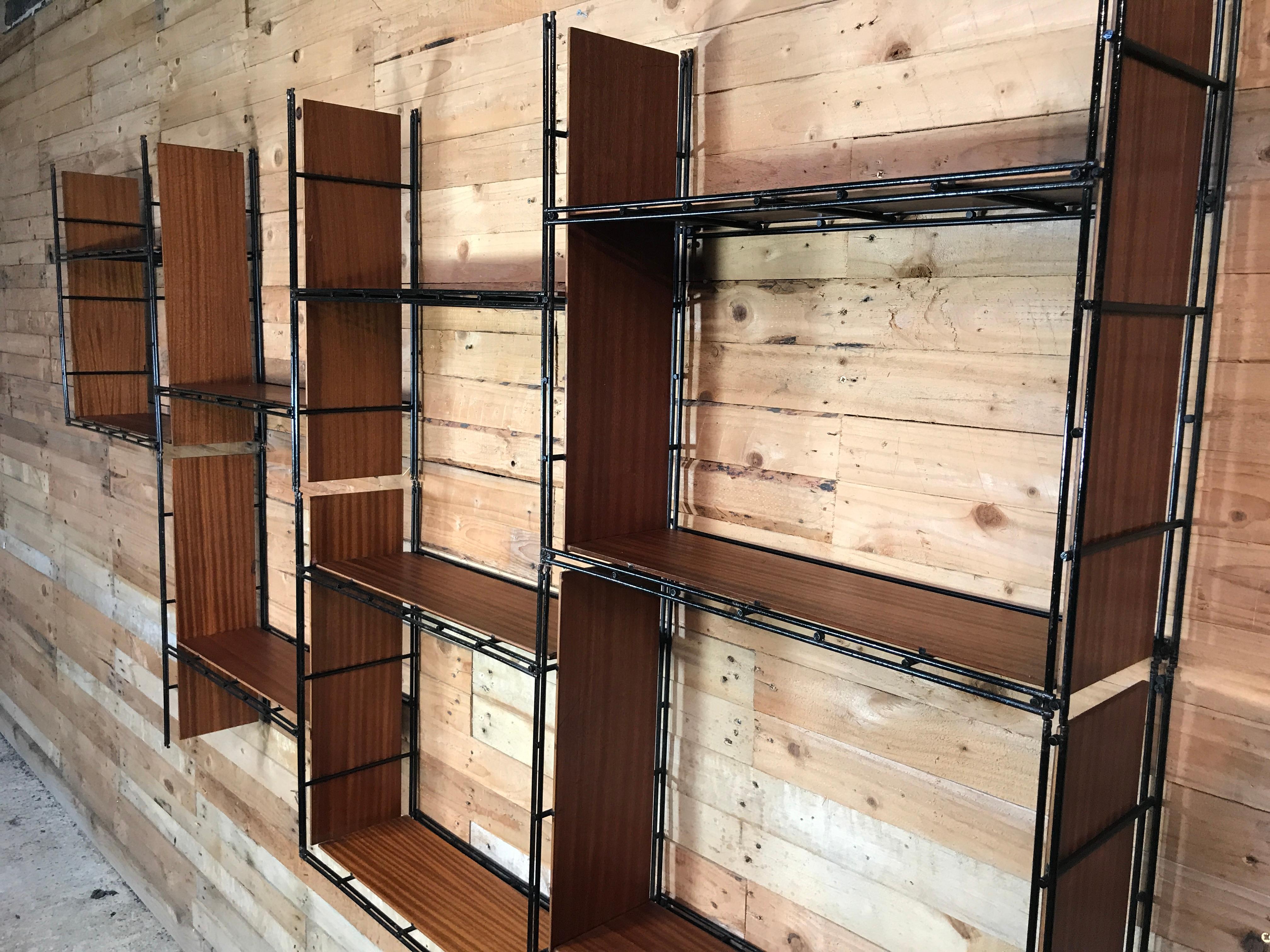 Vintage Teak and Metal Multistrux Iron Modular Shelving Unit or Library ...