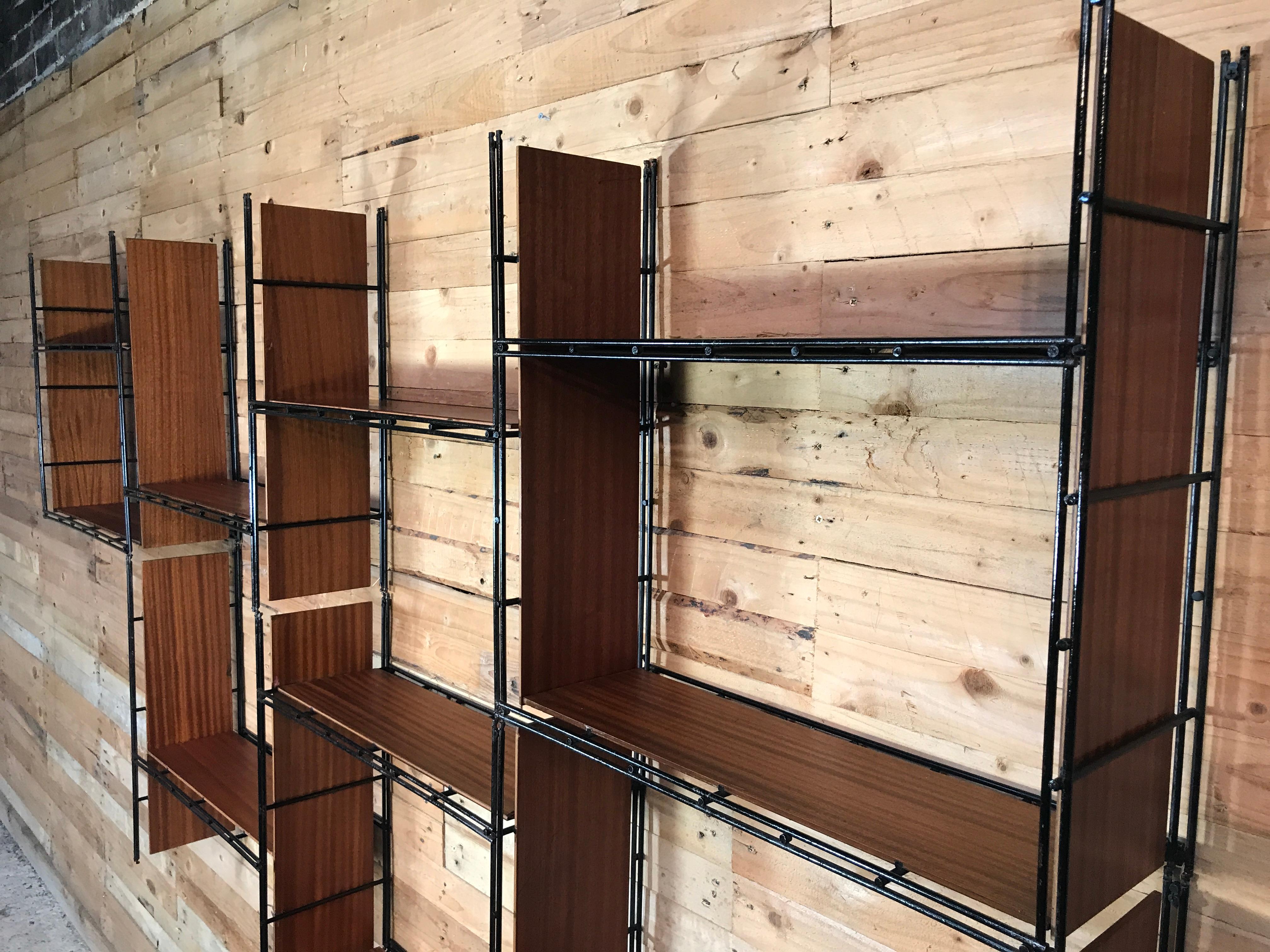 Vintage Teak and Metal Multistrux Iron Modular Shelving Unit or Library ...