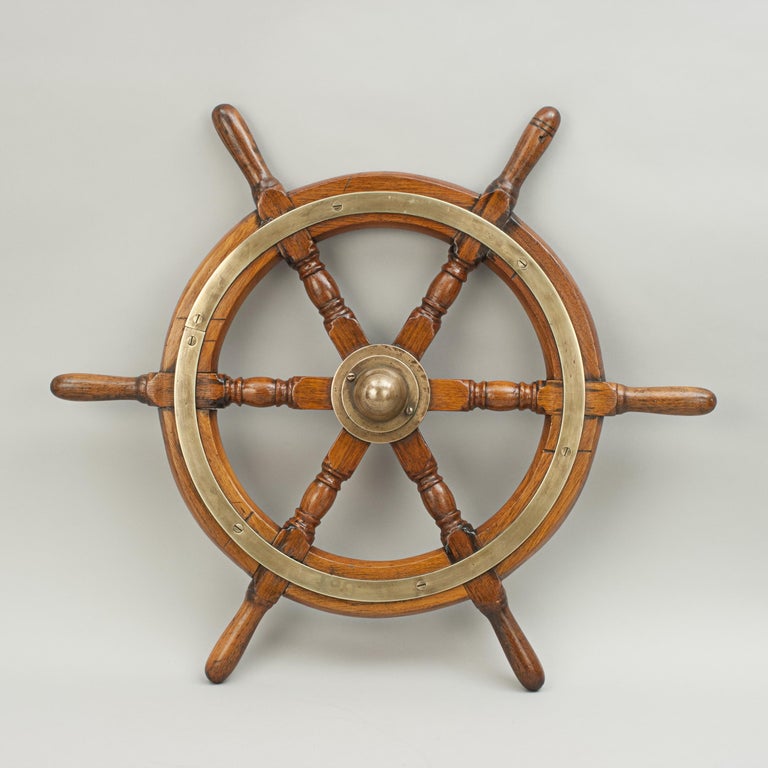 Vintage Teak Ships Wheel, 6 Spoke Helm Wheel, Teak and Brass at 1stDibs