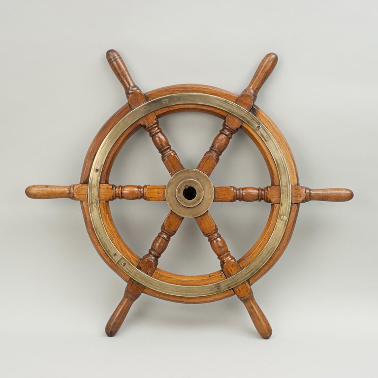 Vintage Teak Ships Wheel, 6 Spoke Helm Wheel, Teak and Brass at 1stDibs