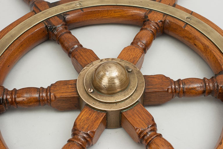 Vintage Teak Ships Wheel, 6 Spoke Helm Wheel, Teak and Brass at 1stDibs