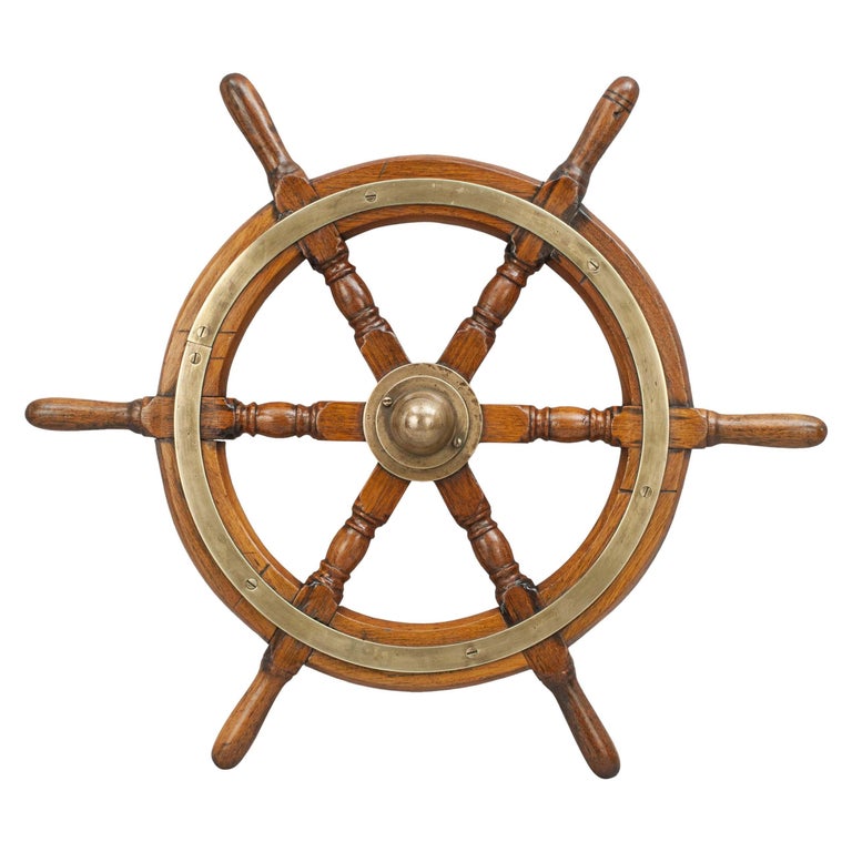 Vintage Teak Ships Wheel, 6 Spoke Helm Wheel, Teak and Brass at 1stDibs