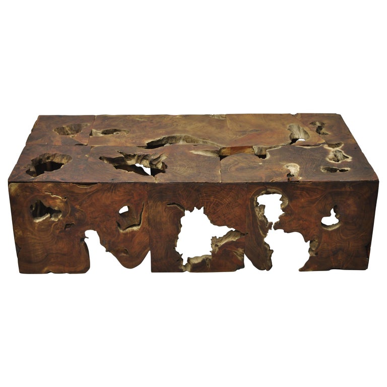 Vintage Teak Slice Sliced Rectangular Burlwood Modern Coffee Table at 1stDibs