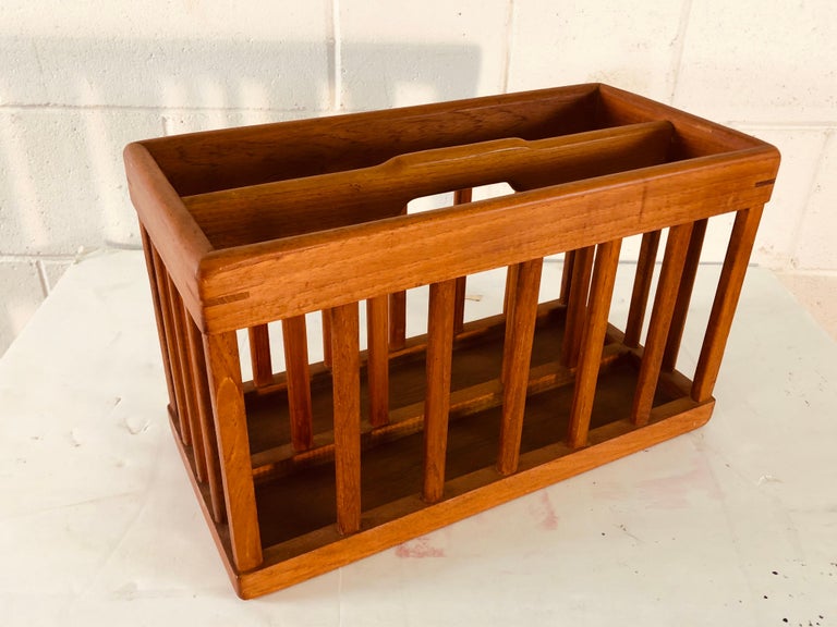 Vintage Teak Wood Handled Magazine Rack For Sale at 1stDibs