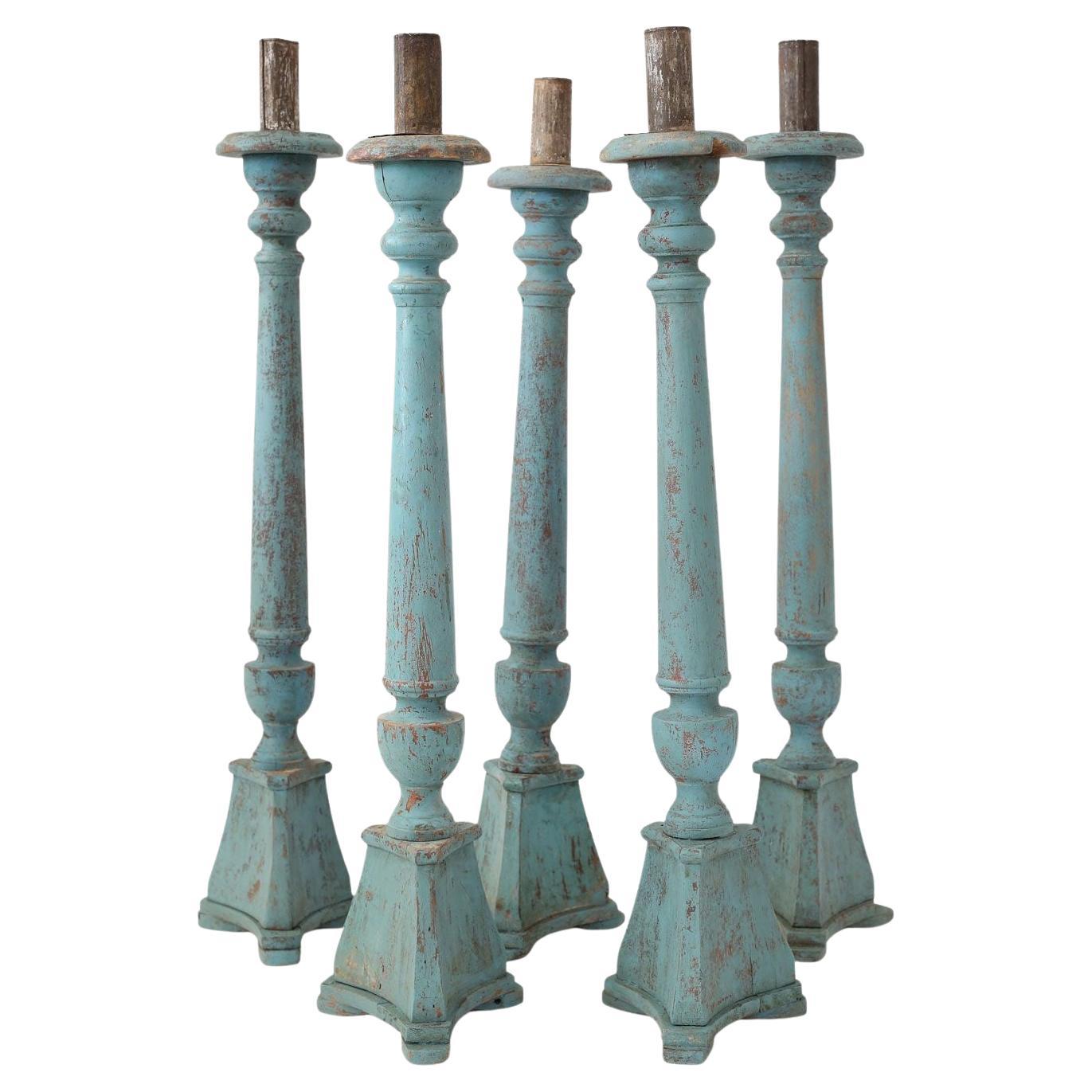Vintage Teal-Blue Painted Candlestick For Sale at 1stDibs