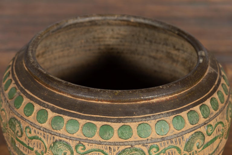 Vintage Thai Brown Ceramic Jar with Green Scrolling and Spherical ...
