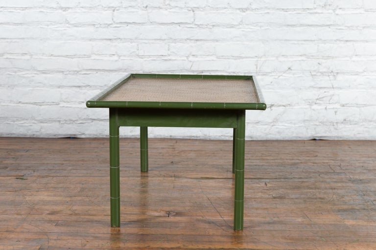 Vintage Thai Green Painted Faux Bamboo Coffee Table with Woven Rattan ...