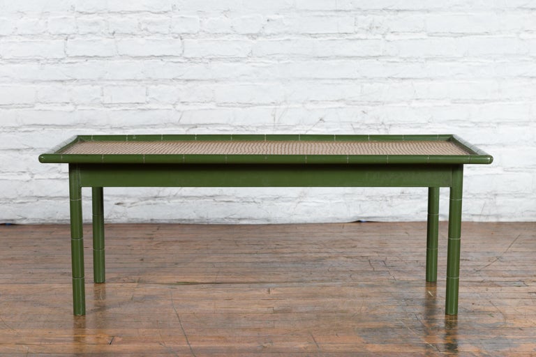 Vintage Thai Green Painted Faux Bamboo Coffee Table with Woven Rattan ...