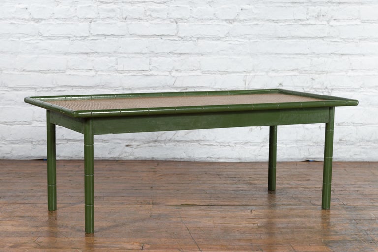 Vintage Thai Green Painted Faux Bamboo Coffee Table with Woven Rattan ...
