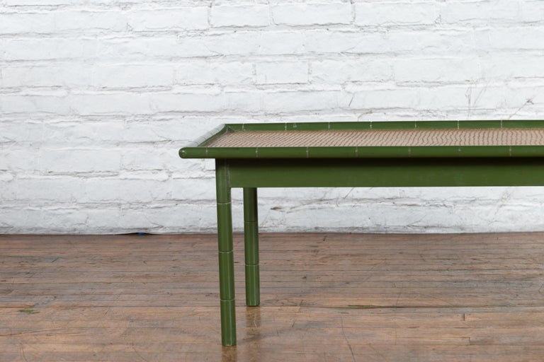 Vintage Thai Green Painted Faux Bamboo Coffee Table with Woven Rattan ...