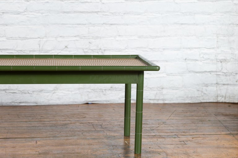 Vintage Thai Green Painted Faux Bamboo Coffee Table with Woven Rattan ...